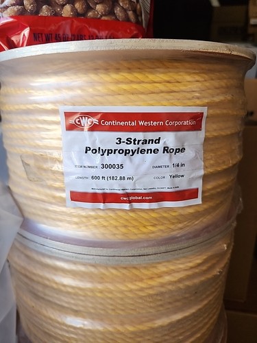 CWC 3 Strand 1/4 Inch x 600 Ft Yellow Twisted Braid Polypropylene Rope ...