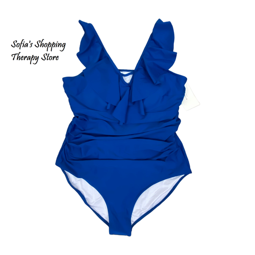 Bloomchic Ruffle Trim Sculpt Waist Ruched One Piece Blue Swimsuit 18 20 ...