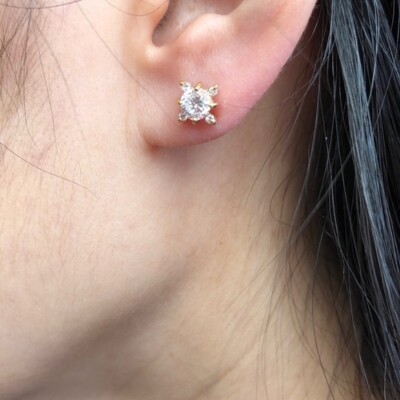 14K Solid Yellow Gold CZ Screw Back Earrings - E74 | eBay