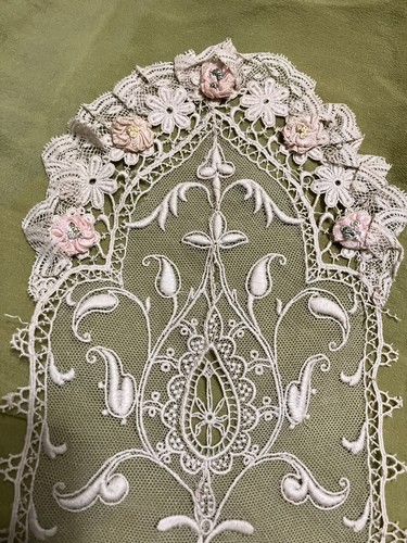 Antique Edwardian Lace applique with French Silk Ribbon Work rosettes ...
