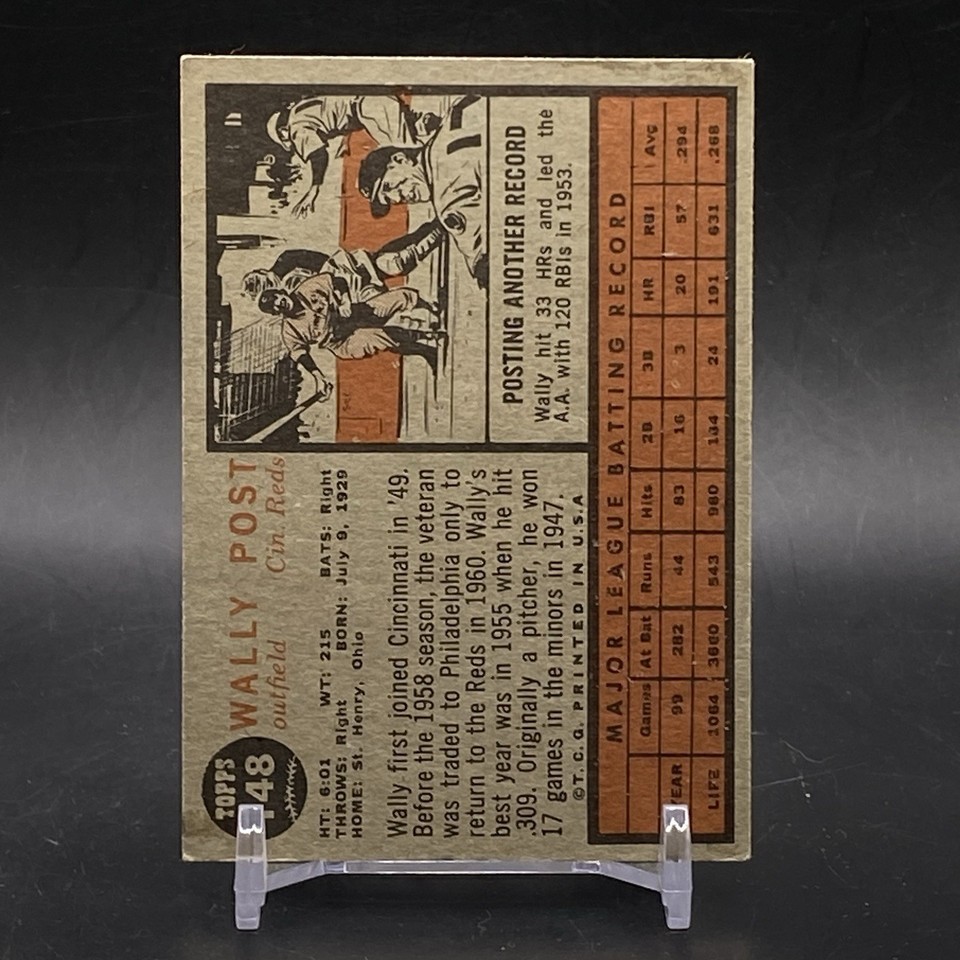 1962 Topps #148 Wally Post Cincinnati Reds Vintage Baseball Trading ...