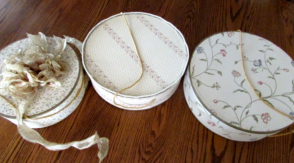 3 Large Vintage Victorian Hat Boxes Round Stackable Gold Cords w/Bow ...