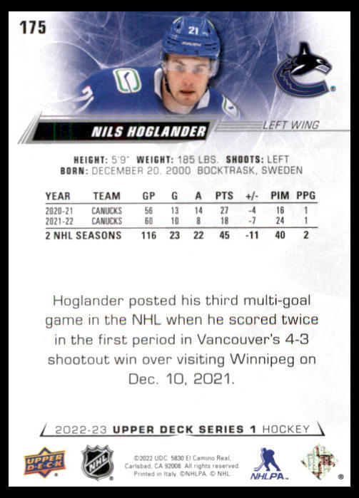 2022 Upper Deck #175 Nils Hoglander Vancouver Canucks Hockey Card | eBay