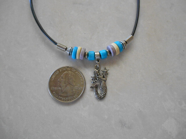 Mermaid Charm Holding Starfish 18" Necklace Black Leather Cord Hard ...