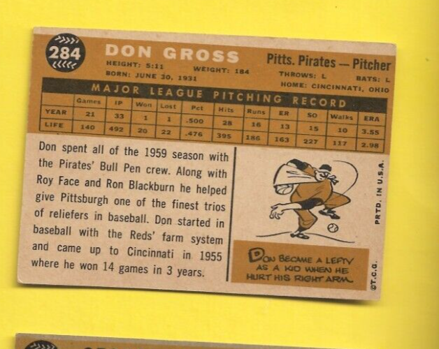 1960 Topps Don Gross #284 Pittsburgh Pirates VERY GOOD- FREE SHIPPING ...