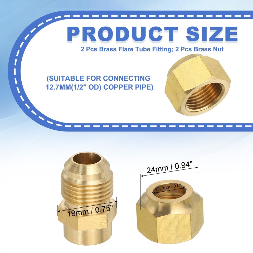 2Pcs 1/2" Flare Male Thread Brass Flare Tube Fitting Pipe Adapter with ...