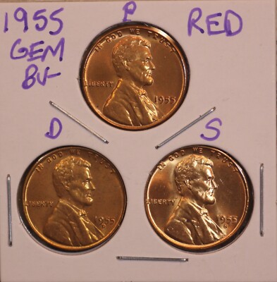 1955 P D S LINCOLN WHEAT CENT PENNY 1C RED GEM BU SET (3 COINS) 55869 ...