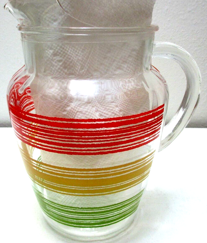 Vintage Anchor Hocking Glass Pitcher w Ice Lip Stripes Bands Multi ...