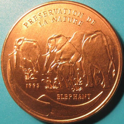 1993 CONGO 100 FRANCS ELEPHANT FAMILY WILDLIFE THICK HEAVY COPPER ...