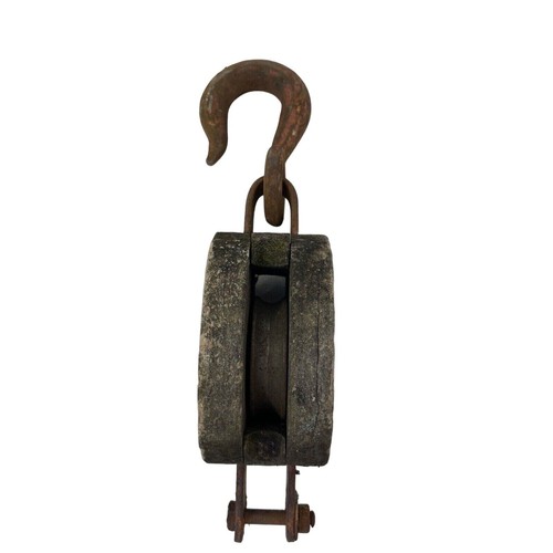 Rustic Wood Block Tackle Single Line Farm Pulley Cast Iron Hook ...