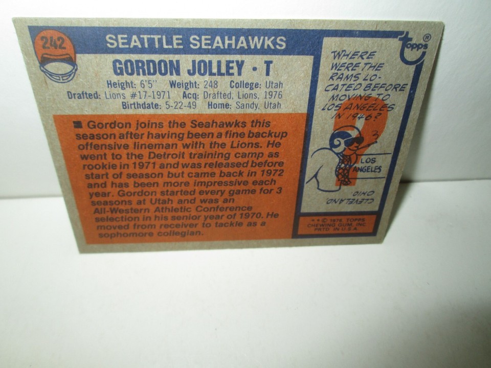 GORDON JOLLEY 1976 card Topps #242 Rookie Rc SEATTLE SEAHAWKS Utah Exc ...