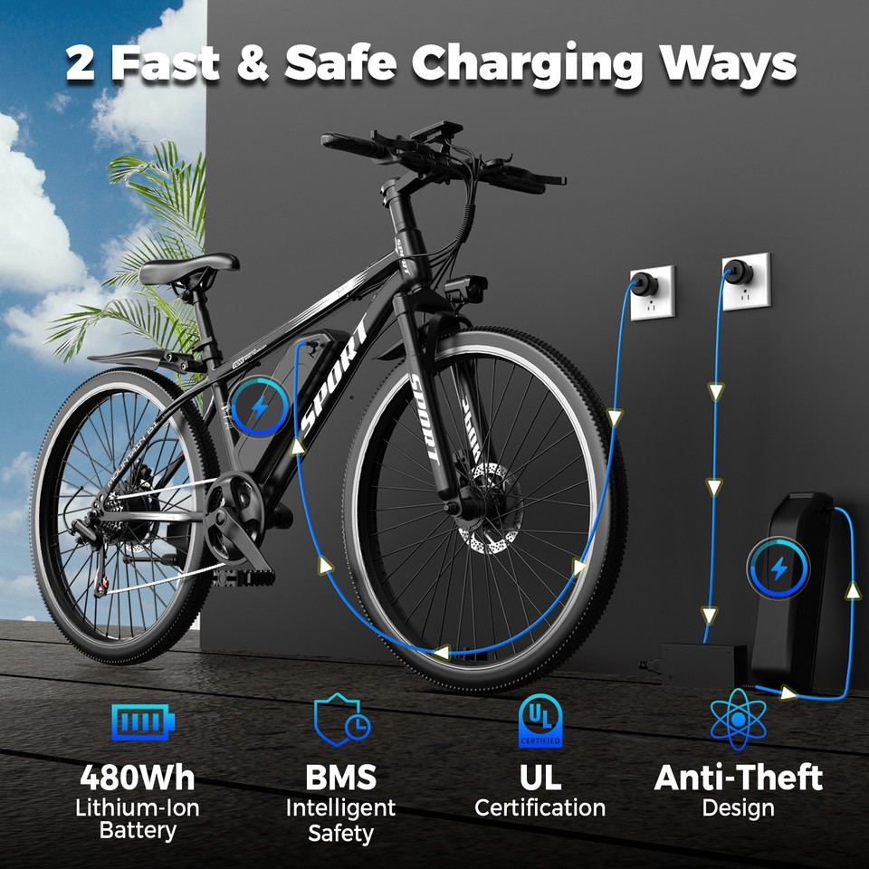 1500W Electric Mountain Bike 26" Dual Disc Brake 65 Miles Range 25MPH e ...