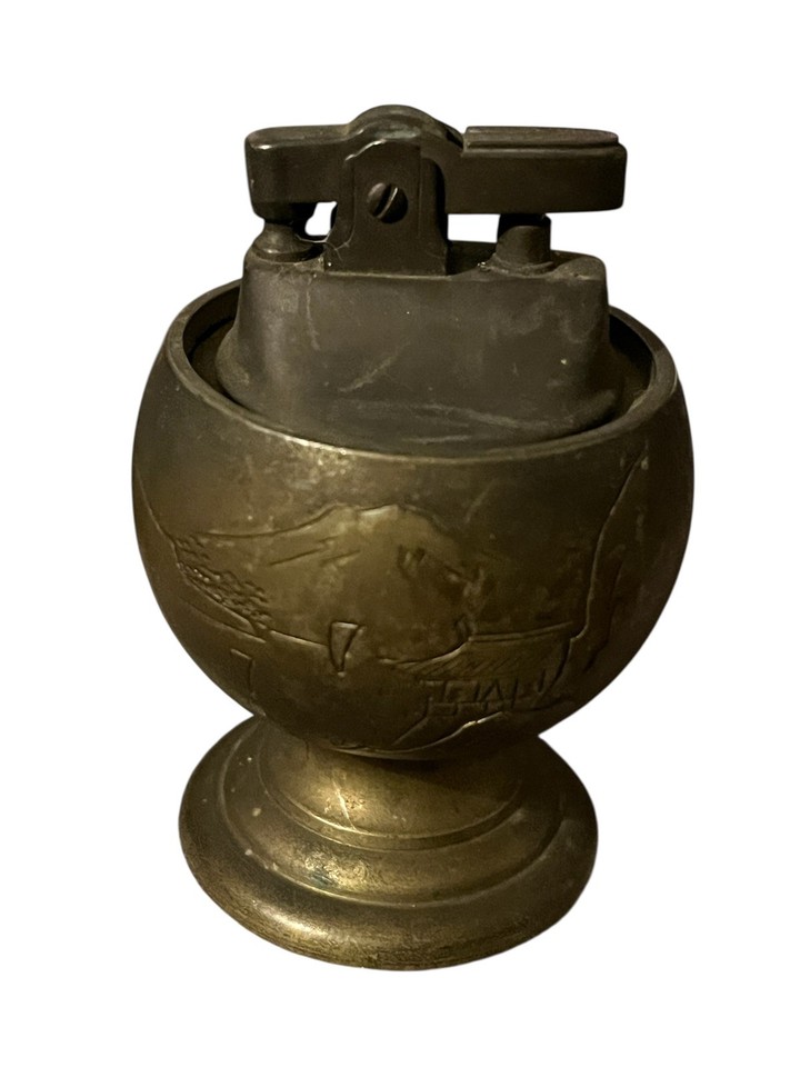 Vintage Brass Butane Table Lighter Round Carved Japanese Scene Untested ...