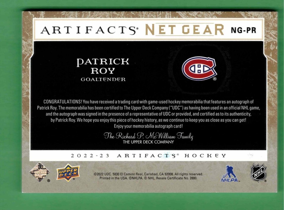 2022-23 UPPER DECK ARTIFACTS PATRICK ROY AUTO JERSEY RELIC 19/25 ...