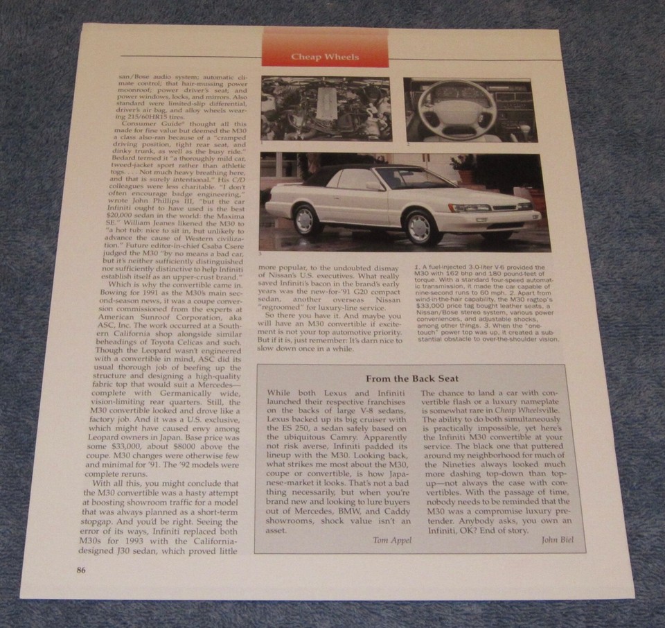 1991-92 Infiniti M30 Convertible History Info Article "New Old Stock ...