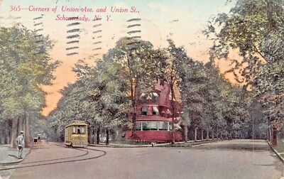 SCHENECTADY NEW YORK~CORNERS OF UNION AVE AND STREET-TROLLEY~1911 PSTMK ...