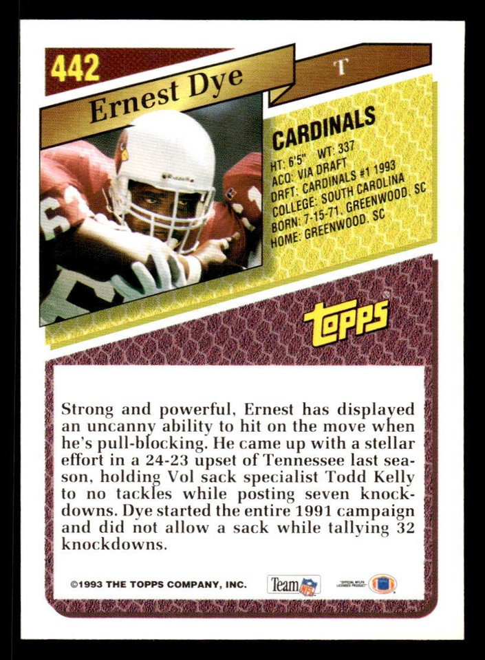 Ernest Dye Phoenix Cardinals 1993 Topps Gold #442 | eBay