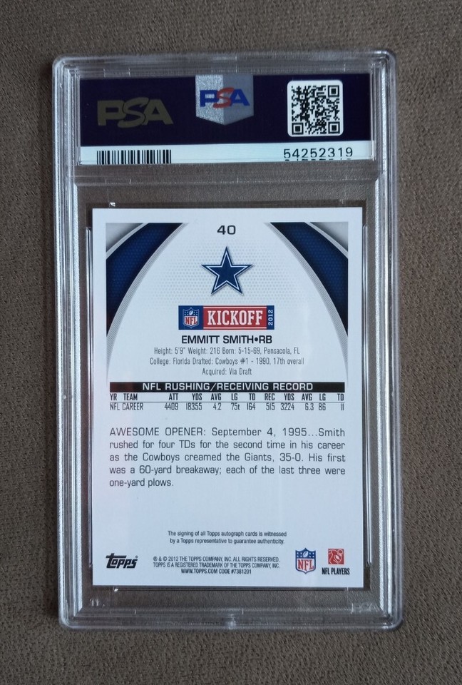 2012 Topps Kickoff Emmitt Smith Auto Autograph Card #40 SP 02/10 PSA 9 ...