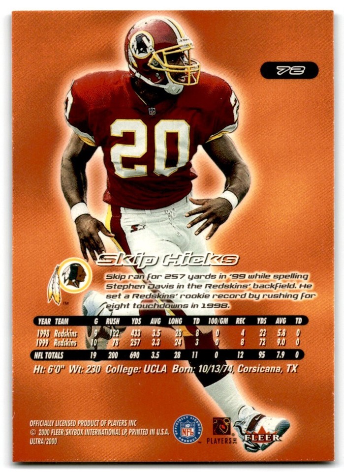 2000 Fleer Ultra Skip Hicks Washington Redskins #72 | eBay