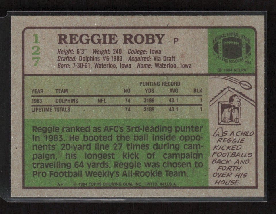 1984 Topps #127 Reggie Roby Miami Dolphins Rookie Near Mint or Better ...