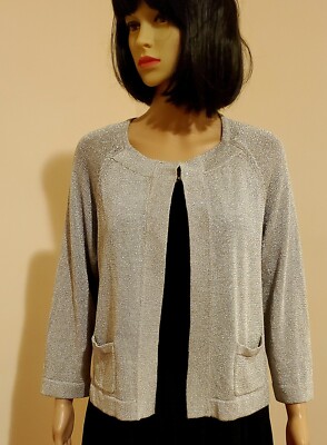 Talbots Shimmery Silver Open Front 3/4 Sleeve Cardigan Size L | eBay