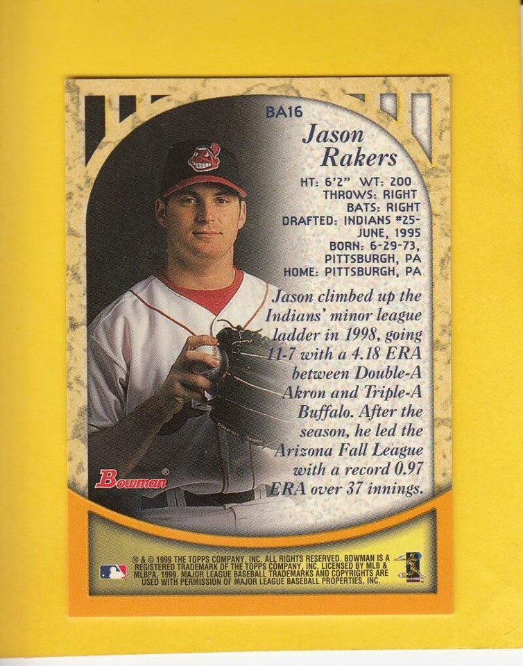 1999 Bowman Autographs #BA16 Jason Rakers Cleveland Indians NM-MT+ Auto ...