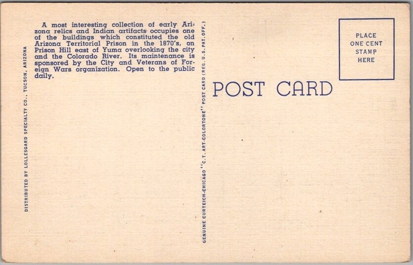1943 YUMA, Arizona Postcard "Territorial Prison Museum on Prison Hill ...