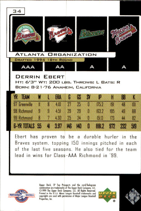2000 SP Top Prospects Derrin Ebert 34 Richmond Braves | eBay