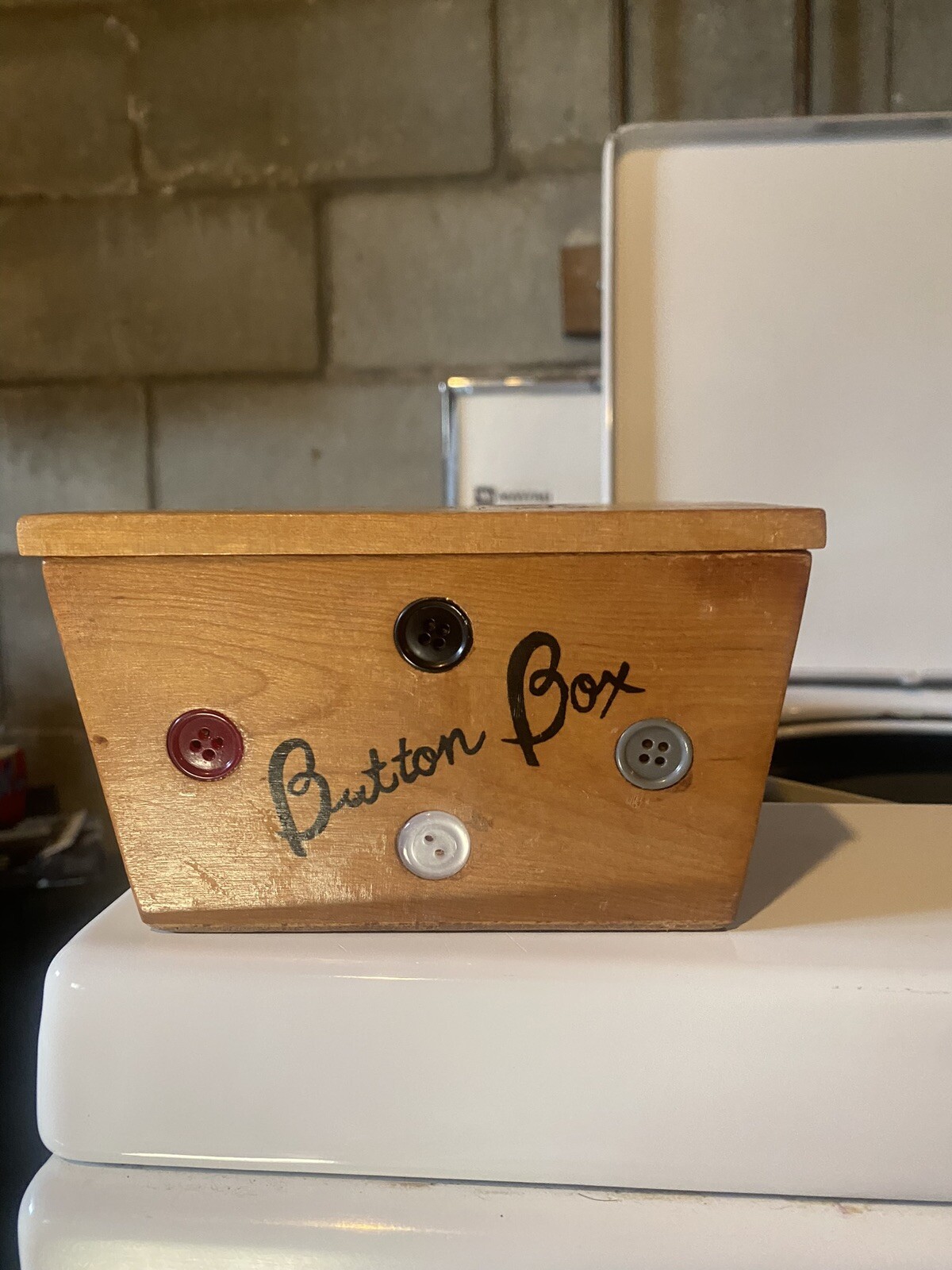 Vtg Adorable Wooden Button Box With Sewing Spool Handles - Lid needs ...