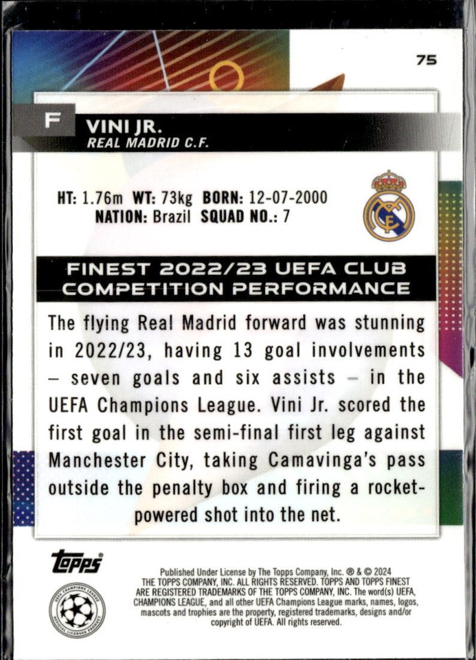 2023-24 Finest UEFA Club Competitions Vini Jr. Real Madrid C.F. #75 3 ...