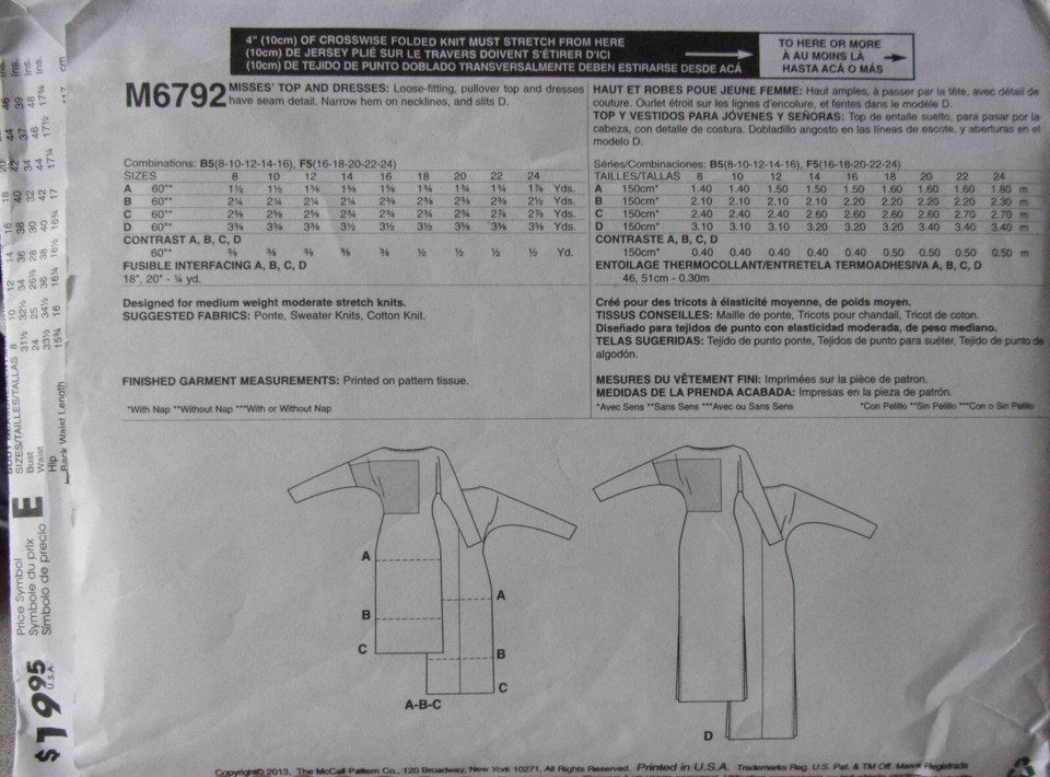 McCall's Sewing Pattern 6792 Size 8-16 Palmer Pletsch Knit Dresses ...