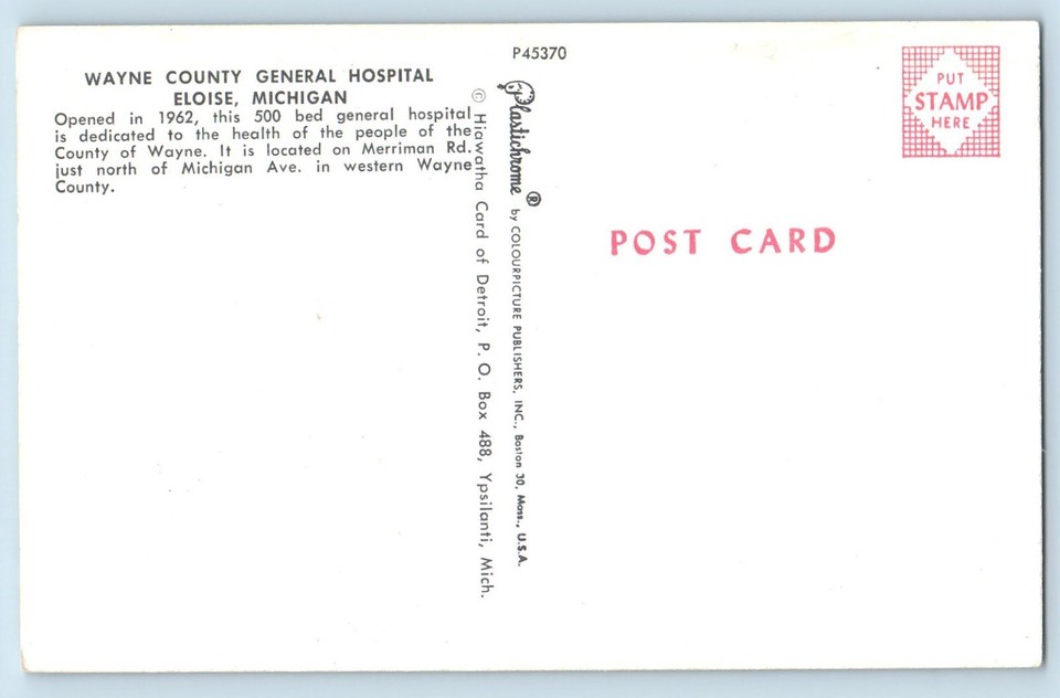 c1960 Eloise Michigan Postcard Wayne County General Hospital Merriman ...