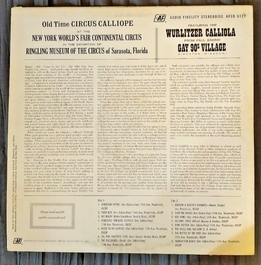 VTG 1964 Paul Eakins – Old Time Circus Calliope AFSD-6127 Vinyl 33 LP ...