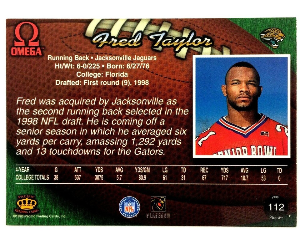 Fred Taylor 1998 Pacific Omega Rookie Card #112 NFL Jaguars Florida ...