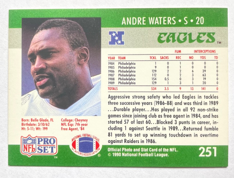1990 NFL PRO SET ANDRE WATERS FOOTBALL CARD #251 Philadelphia Eagles NM ...
