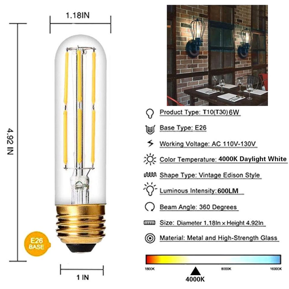 Dimmable T10 Edison Led Tubular Bulb 4000k Daylight White,6W Vintage ...