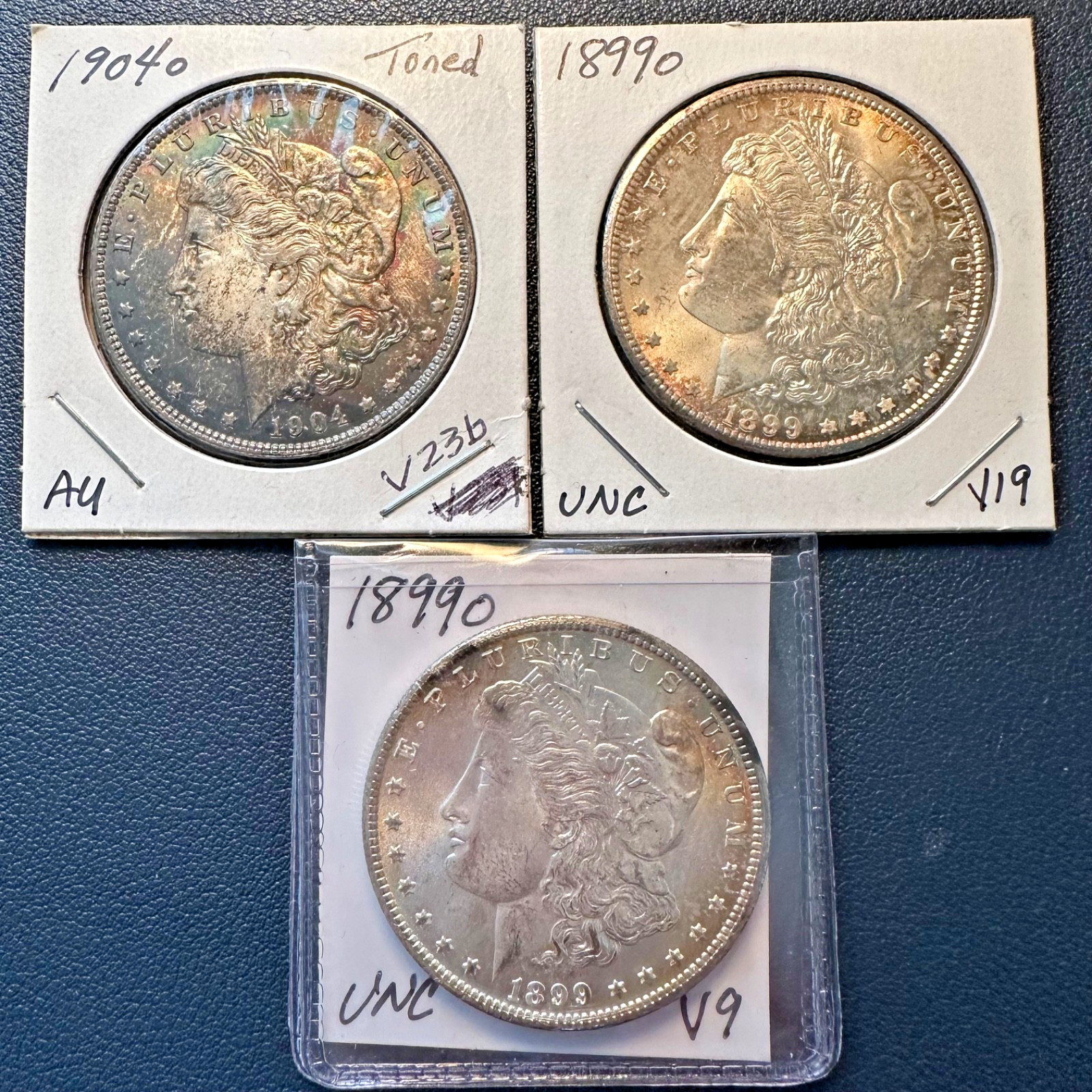 Lot of 3 AU/UNC Toned Morgan Silver Dollars 1899o (2), 1904o Starts ...