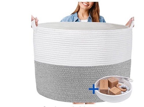 Extra Large Gray Cotton Rope Woven Basket, Throw Blanket Storage Basket ...
