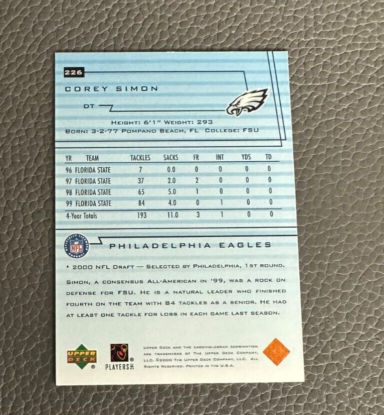 2000 Upper Deck #226 Corey Simon Philadelphia Eagles Rookie Football ...
