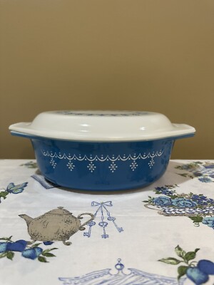 Vintage Pyrex Snowflake Blue Garland 1970’s 1.5 QT Oval Casserole Dish ...