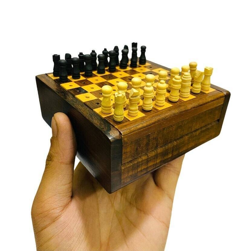 Handmade Wooden Mini Chess Board Game Travel Vintage Chess Set Wooden ...