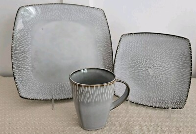 NEW Meritage Jasper GRAY Square Dinner Salad Plate Coffee Mug 3 pc Set ...