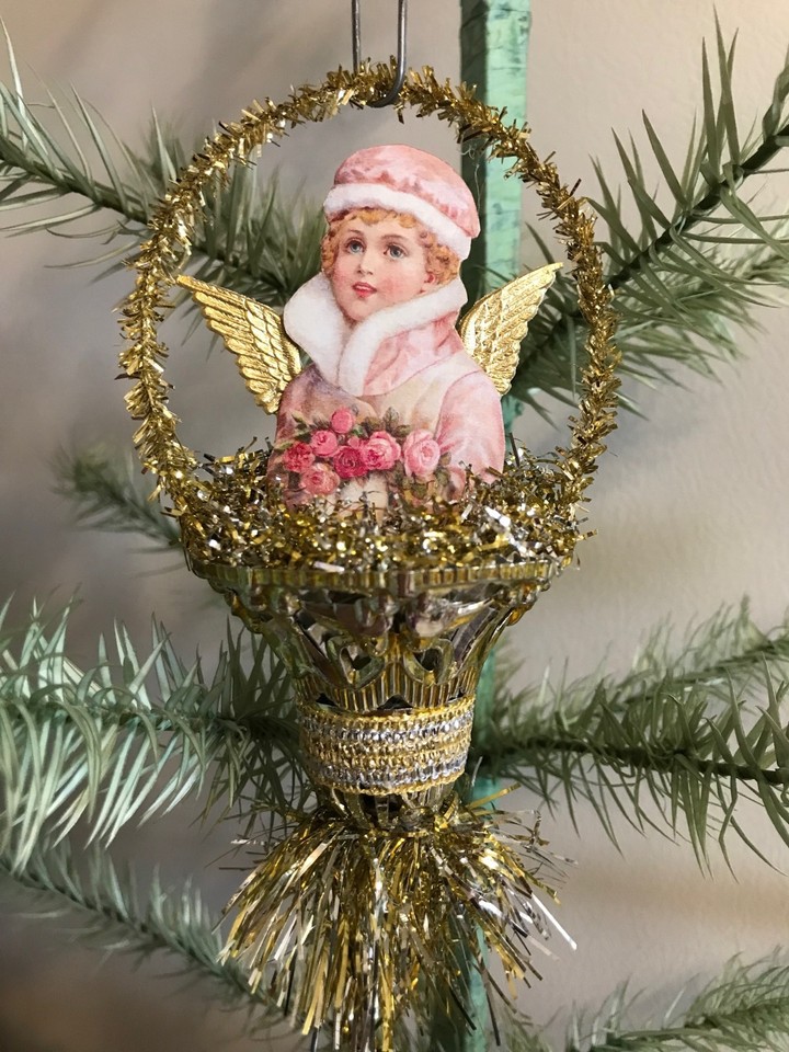 Antique Look Scrap Christmas Ornament, ANGEL in Pink, Bell, Dresden ...