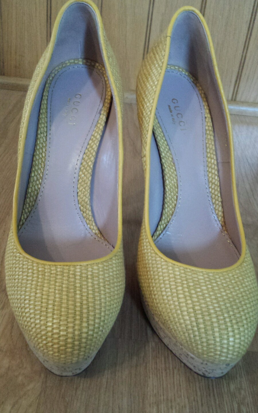 $800 Gucci Raffia Bumblebee Yellow Woven Leather Cork Platform Shoes ...
