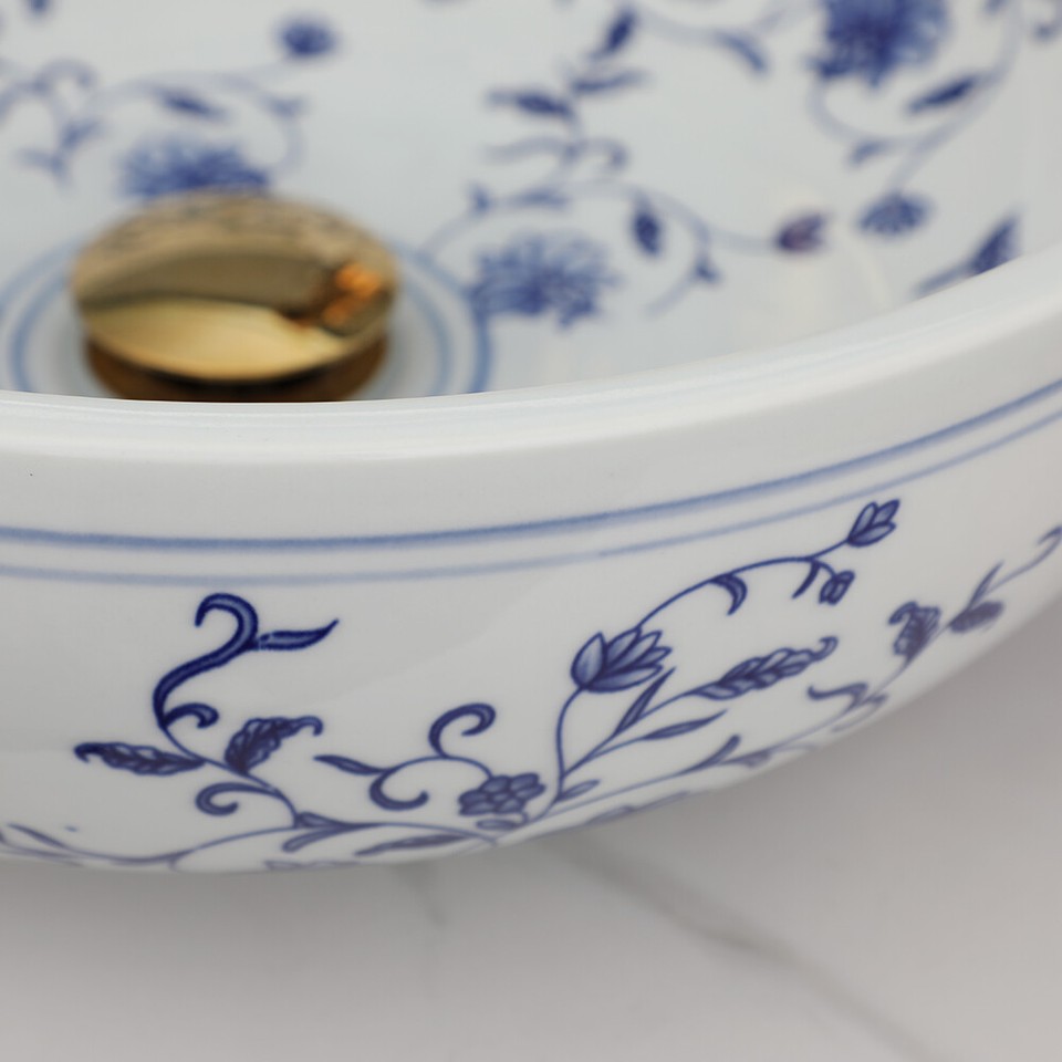 Round Ceramic Basin Bowl Vanity Vessel Sink Gold Mixer Faucet+Drain Tap ...