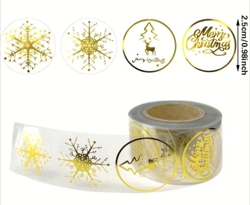 500 pcs Sticker Roll Christmas Holiday Clear Transparent Gold Foil Self ...