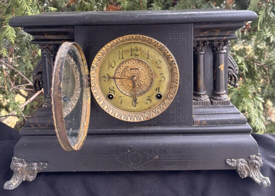 Antique 1890s Enameled Faux Marble Ingraham Parlor / Mantle Clock ...