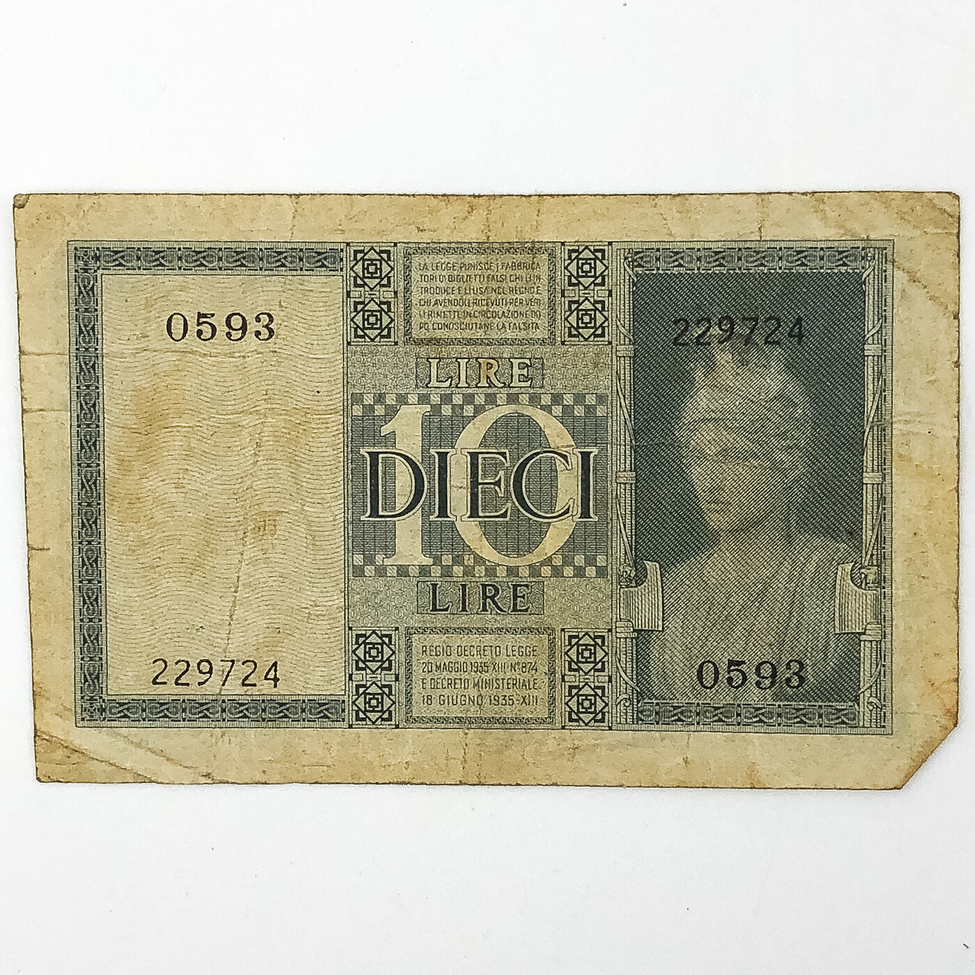 1939 Italy 10 Lire Banknote Dieci Low Serial 229 King Vittorio Emanuele ...