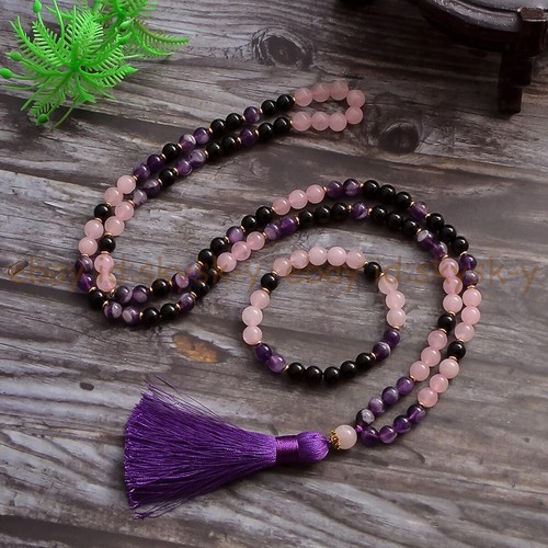 Rose Quartz Amethyst Agate 108 Prayer Bead Mala Meditation Necklace ...