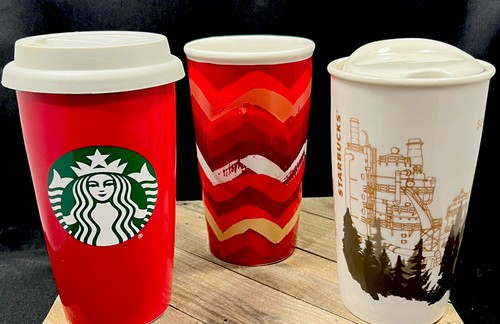 Lot of 3 Starbucks Ceramic Tumbler Cups Lids 2014 2015 2016 Goddess ...